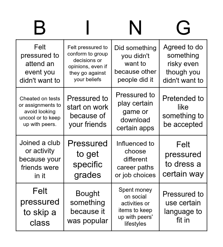 Peer Pressure Bingo Card
