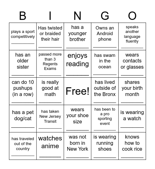 Human Bingo: Find someone who... Bingo Card