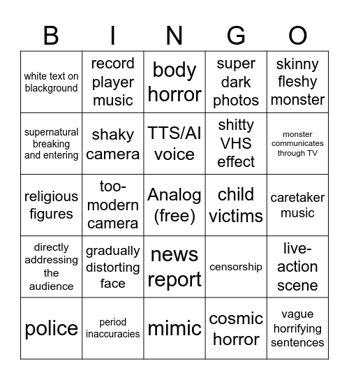 terrible analog horror bingo Card