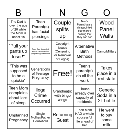 Teen Pregnancy Shows Bingo Card