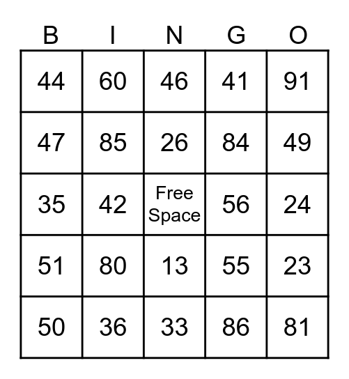 Double Digit Numbers Bingo Card