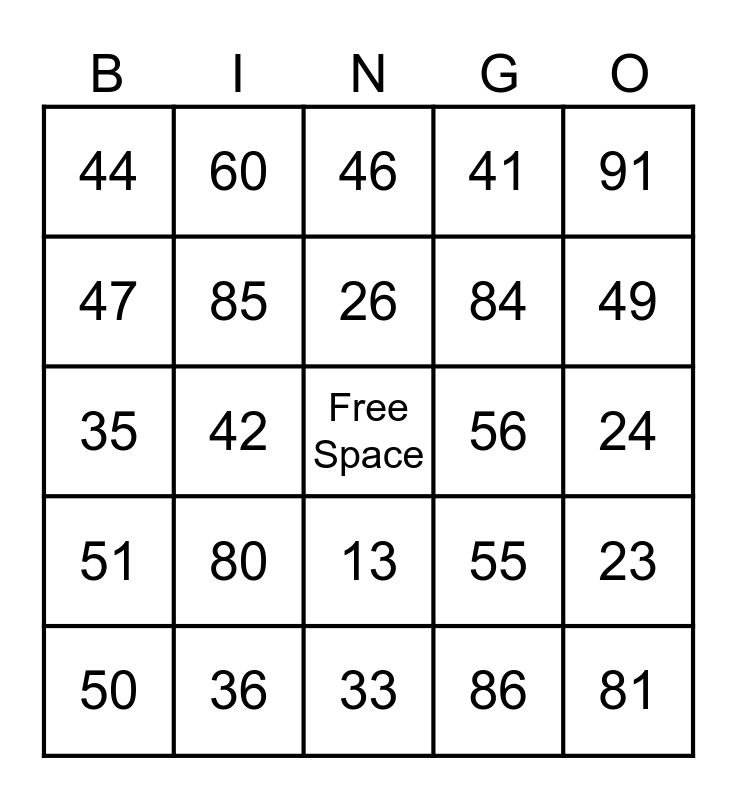 Double Digit Numbers Bingo Card