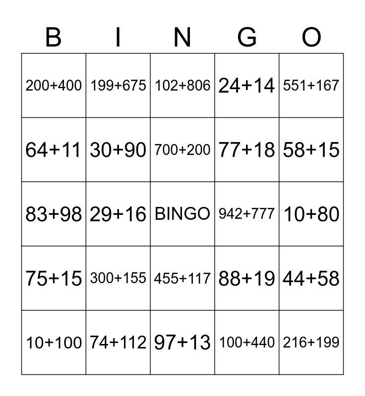 Addition Bingo Card