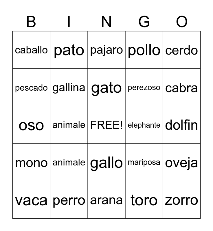 Animals In Spanish Bingo Card