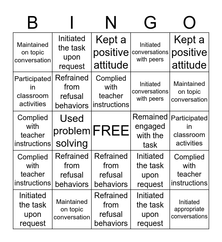 Best Behavior Bingo Card