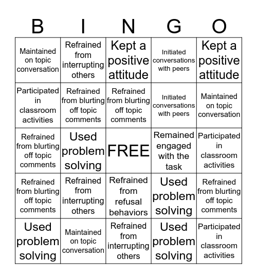 Best Behavior Bingo Card