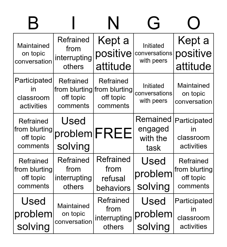 Best Behavior Bingo Card