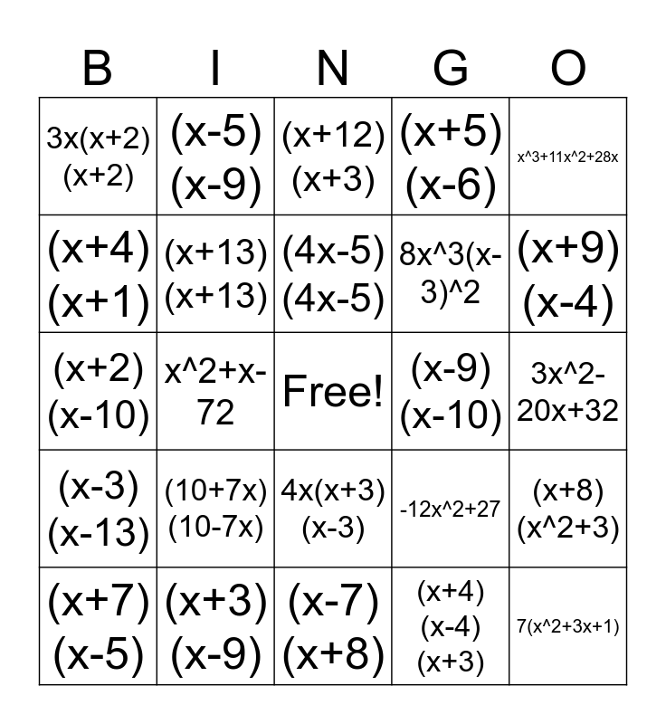 Factoring Quadratics Bingo Card
