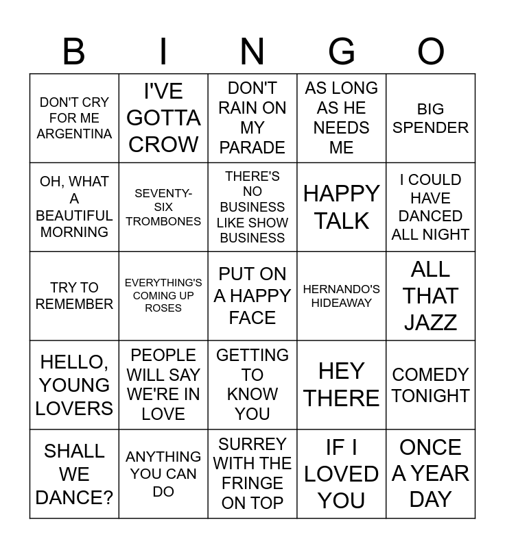 Music Bingo #61 - ON BROADWAY Bingo Card