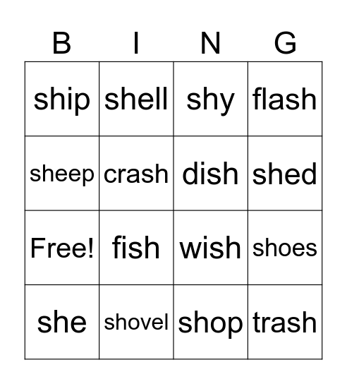 SH Words Bingo Card