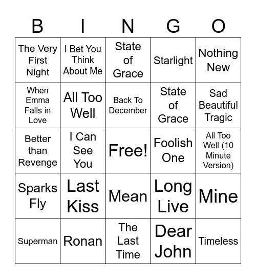 Taylor Swift Bingo Card