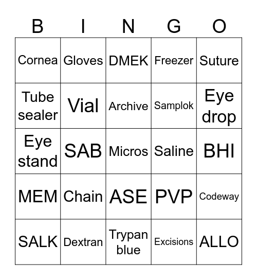 Eye Bank Bingo Card