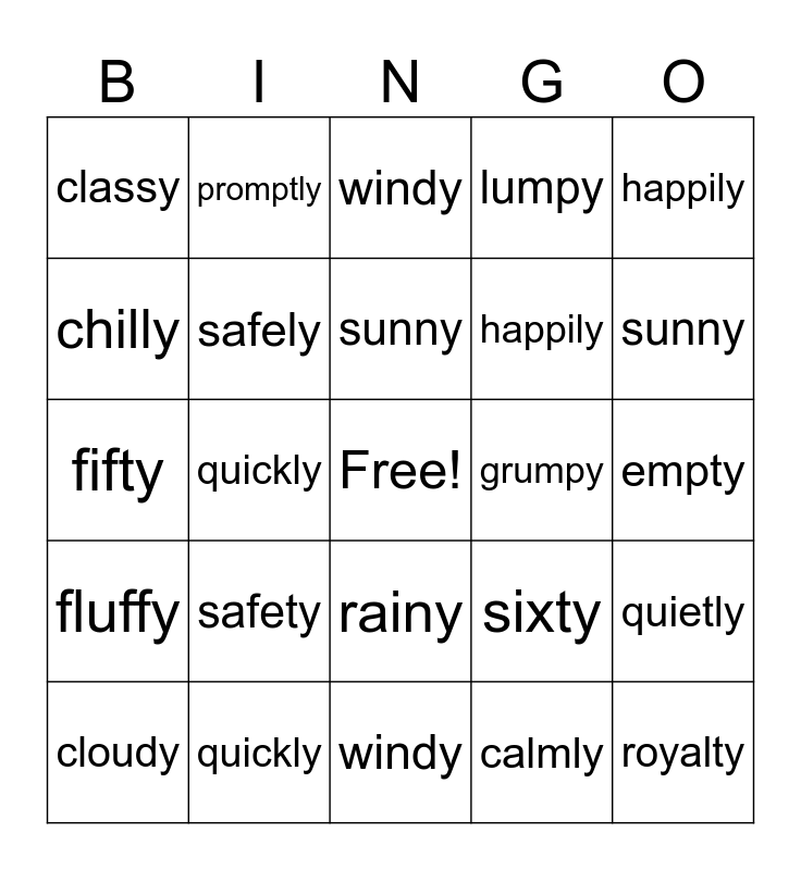 -y -ly -ty Bingo Card