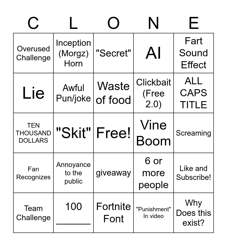 MrBeast Clone Bingo Card