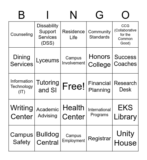 WU Campus Resources Bingo Card