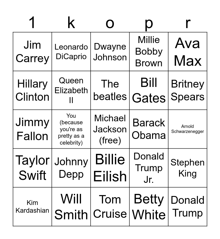 Celebrities Bingo Card