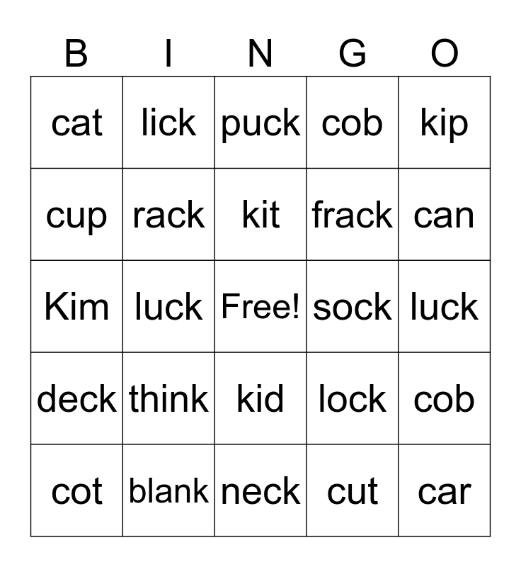 -ck, -k, -c BINGO Card