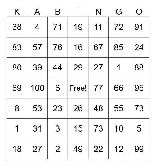 7 In a row Bingo Card