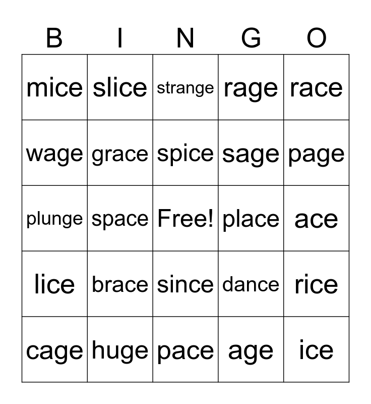 BINGO _ge /j/ and _ce /s/ Lesson 61 UFLI Untitled Bingo Card