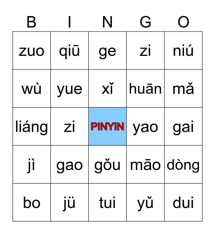 Pinyin Bingo Card