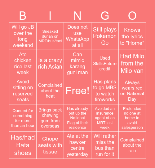 Singapore Edition Bingo Card