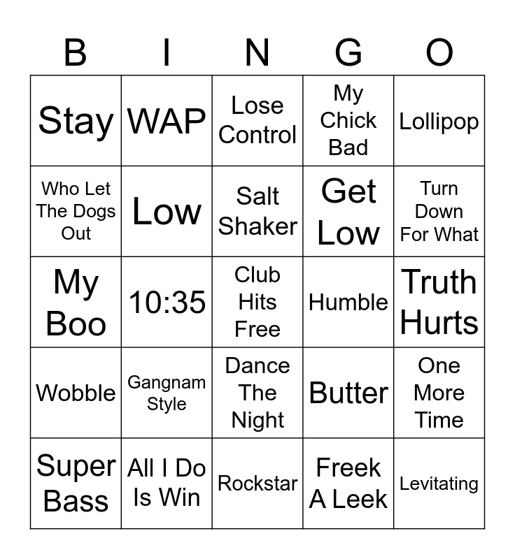 Club Hits Bingo Card