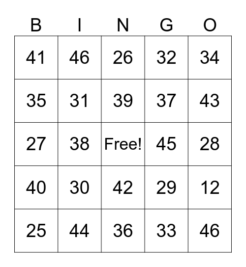 Know My Numbers 1-24 Bingo Card