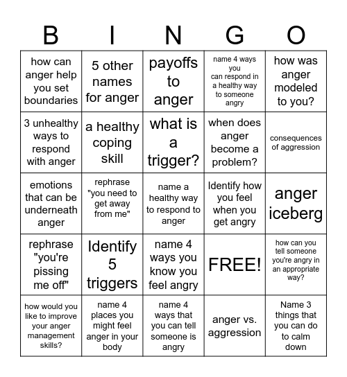 Anger Management Bingo Card