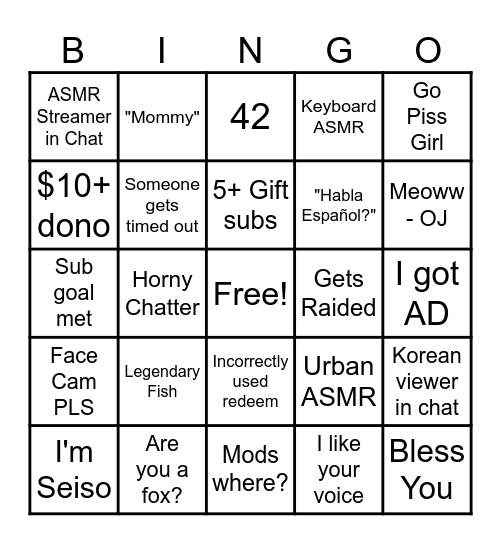 Neko Stream Bingo Card