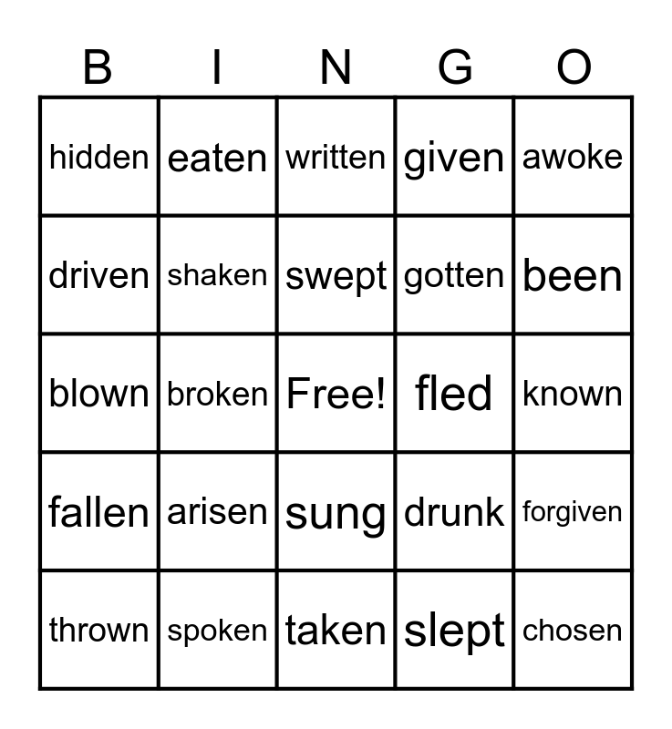 Past Participles Bingo Card