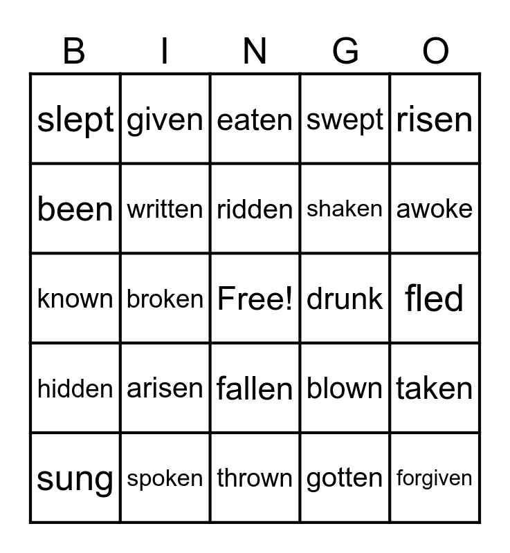 Past Participles Bingo Card