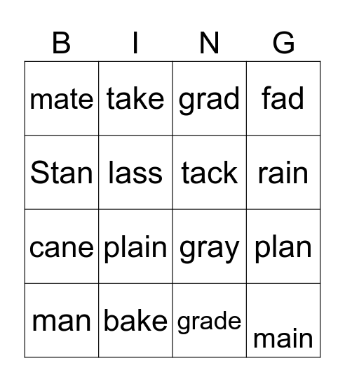 Long and Short A Bingo Card