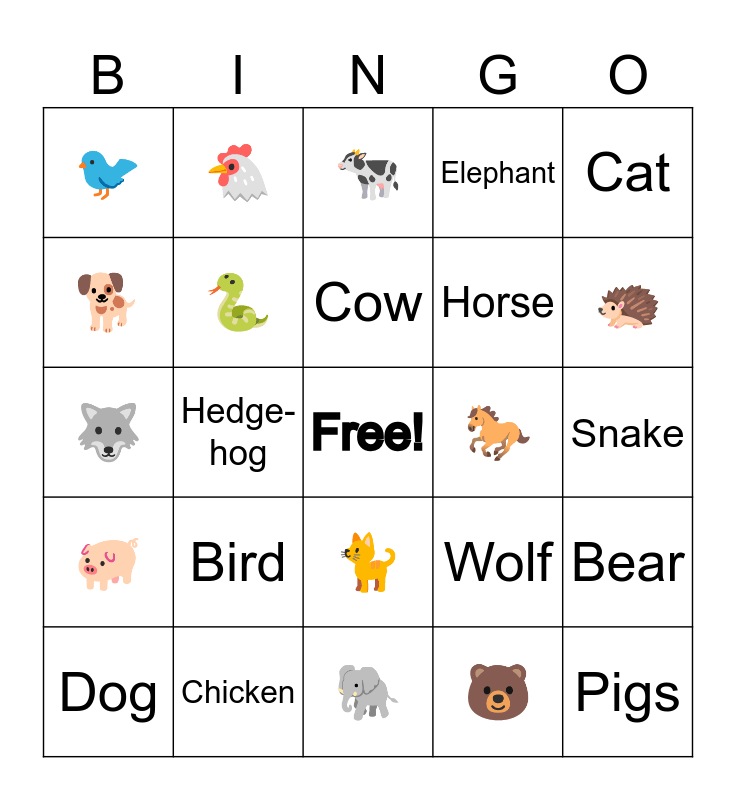 Animal Sight Word Bingo Card