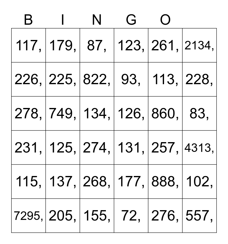 Numbers 1-1000 Bingo Card