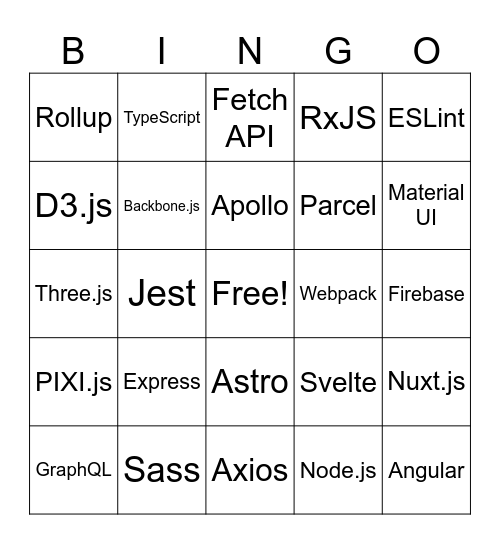 Austin JavaScript Attendee Bingo Card