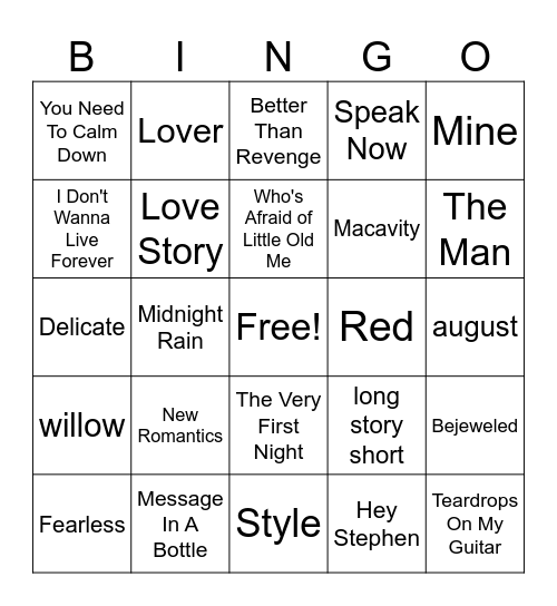 Extreme Taylor Swift Bingo Card