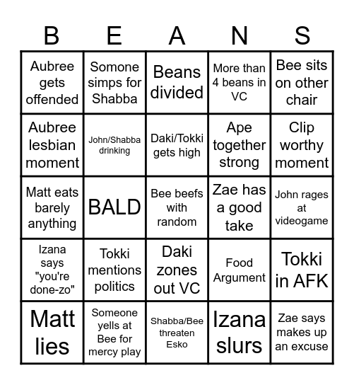Beans Bingo Card