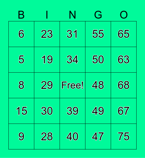 Number Bingo 1-75 Bingo Card