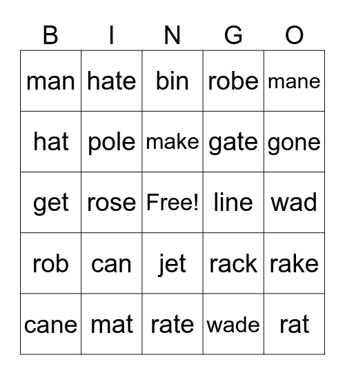 CVC and CVCe Bingo Card
