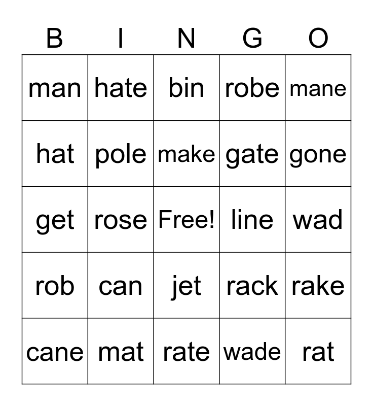 CVC and CVCe Bingo Card