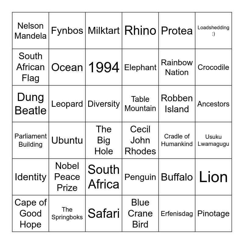 South Africa Heritage Bingo Card