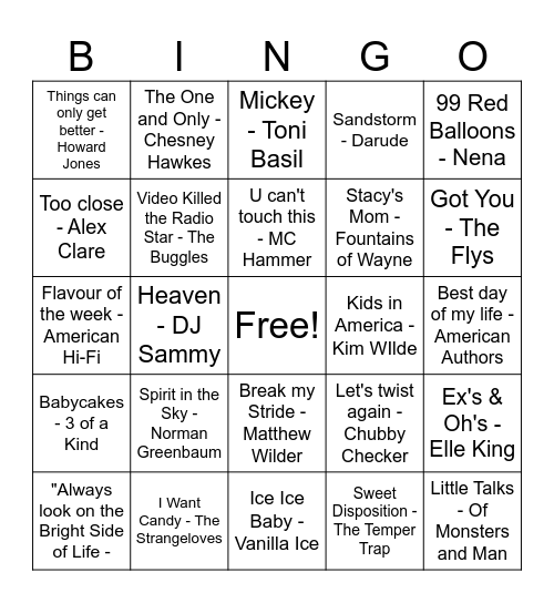 One Hit Wonders Bingo Card