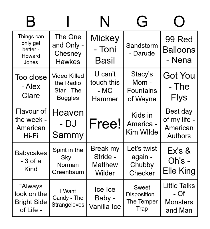 One Hit Wonders Bingo Card