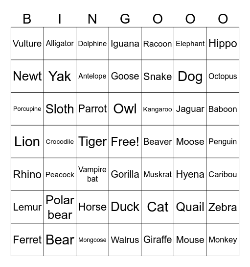 Animals Bingo Card