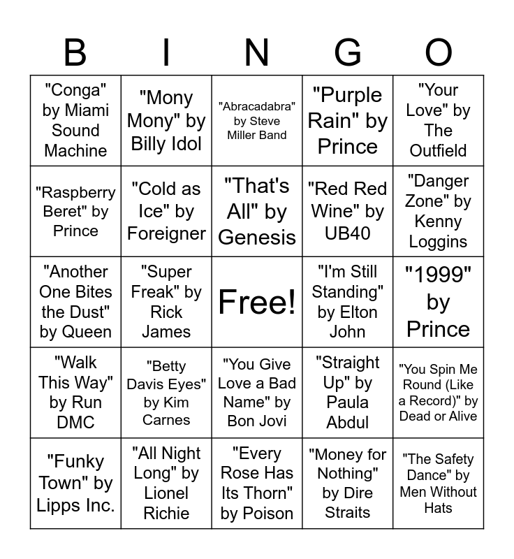80s Music Bingo Round #2 Bingo Card