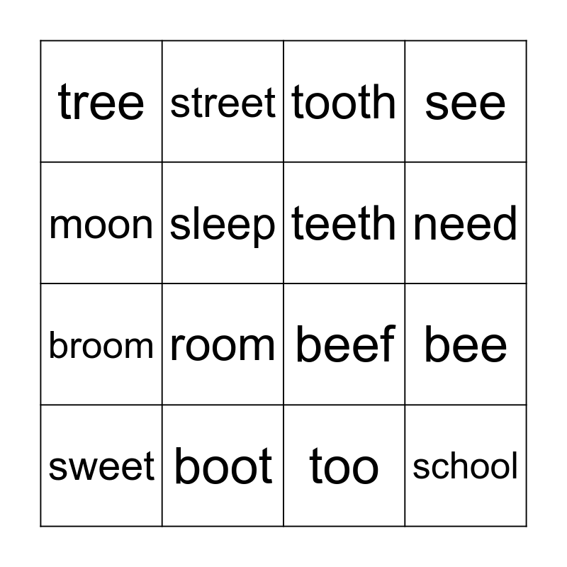 EE and OO Bingo Card