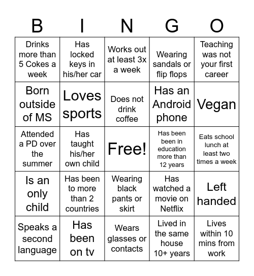 Back to School June 31, 2024 Bingo Card