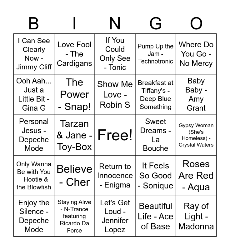 90s Music Bingo Round #4 Bingo Card