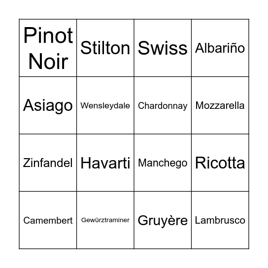 Wine and Cheese Bingo Card