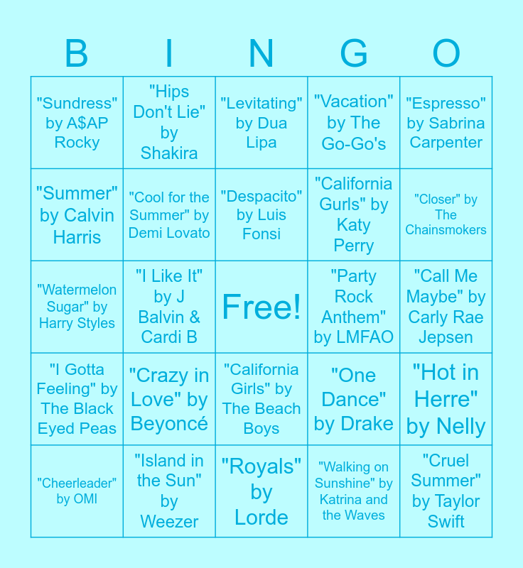 🌞🎵 Summer Hits 🌴🎶 Bingo Card